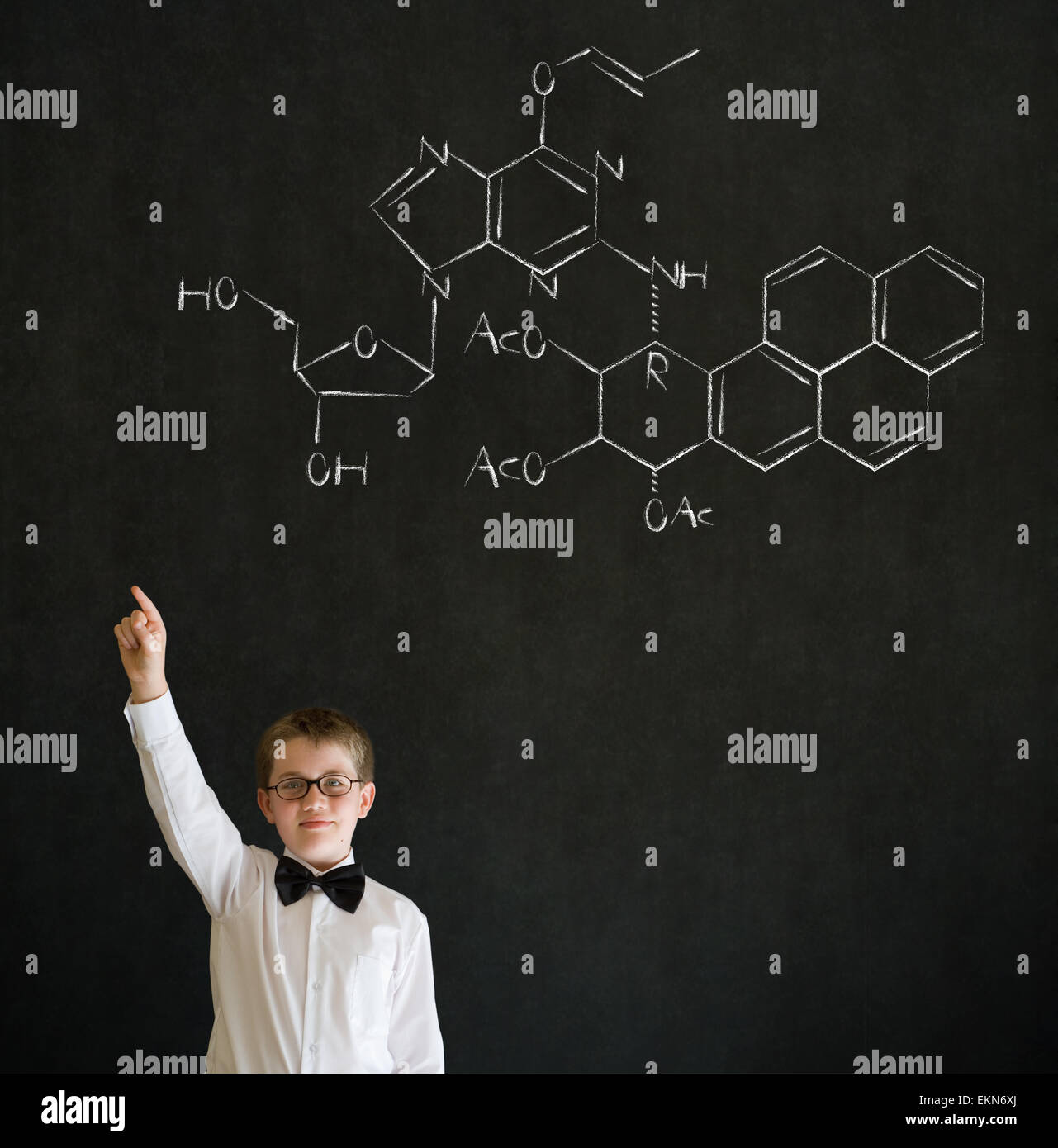 Hand up answer boy business man with science chemistry formula Stock ...