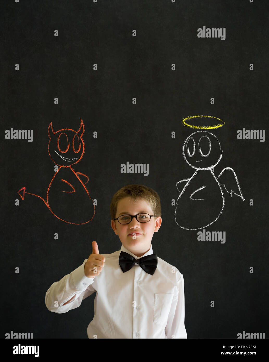 Thumbs up boy business man with chalk angel and devil on shoulder Stock ...