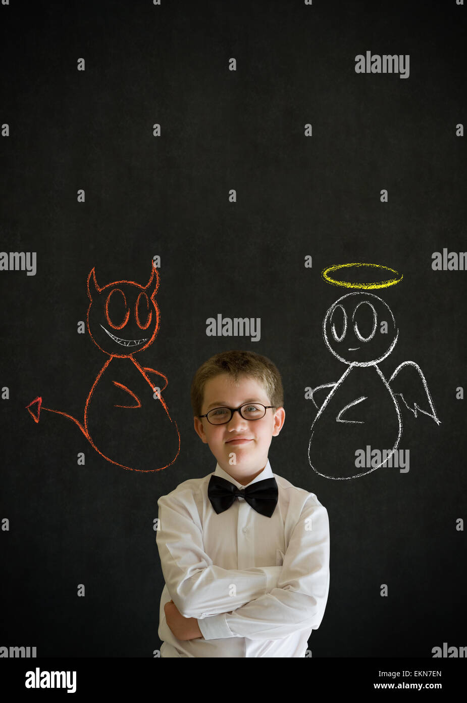 Thinking boy business man with chalk angel and devil on shoulder Stock ...