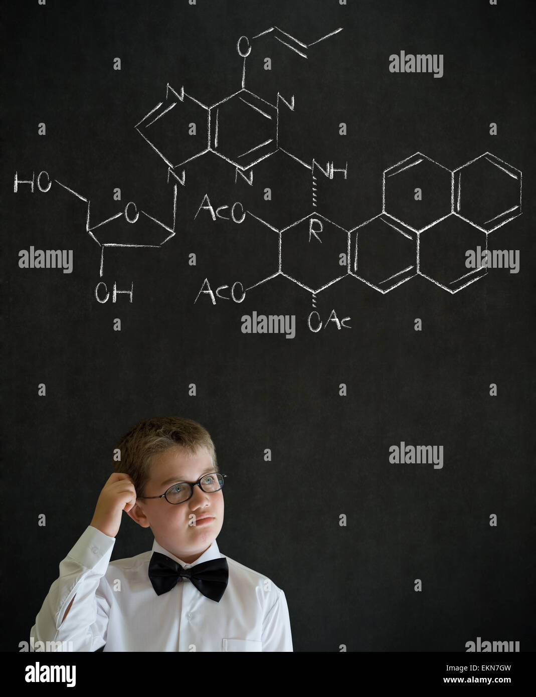 Scratching head thinking boy business man with science chemistry ...