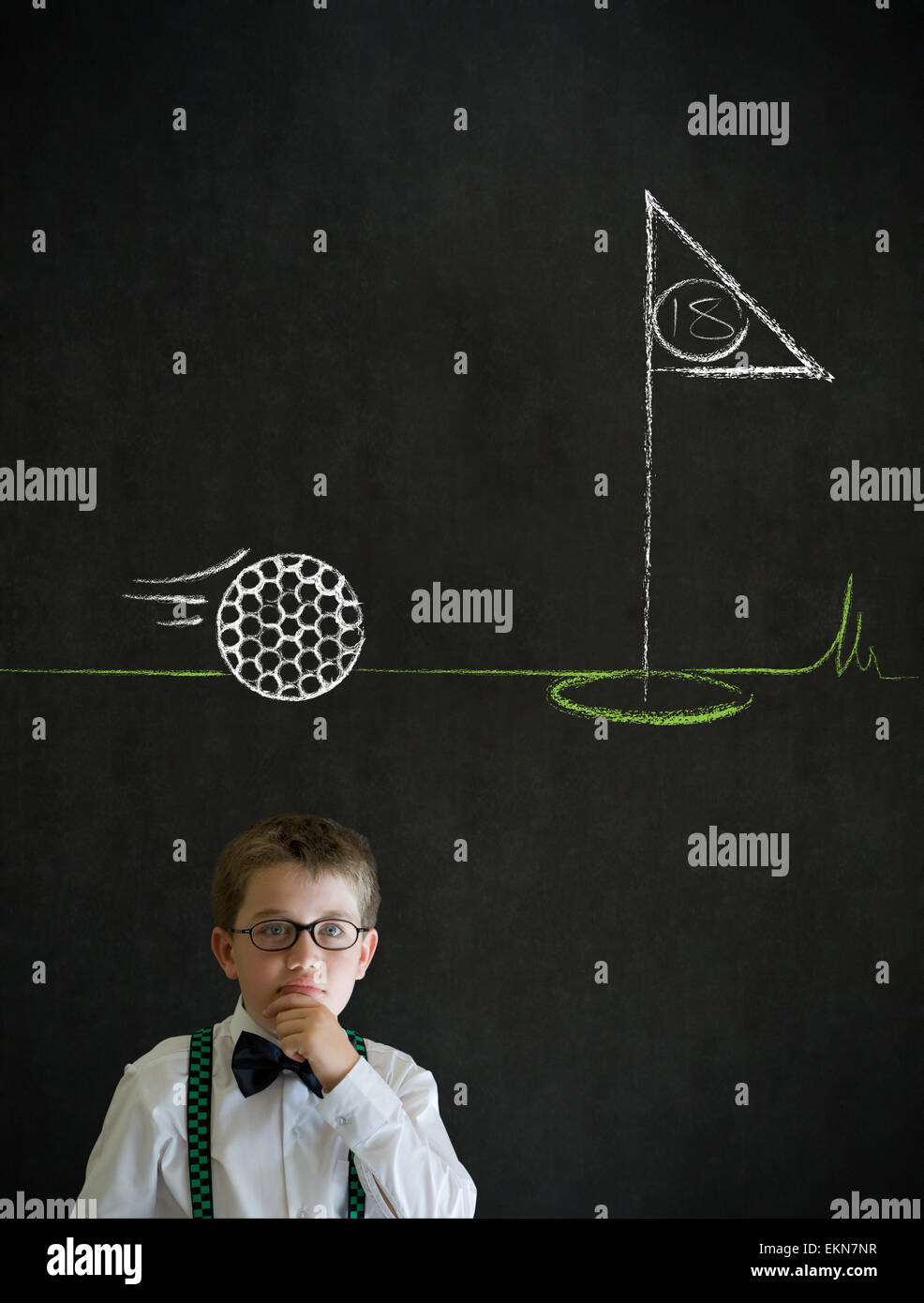 Thinking boy business man with chalk golf ball flag green Stock Photo ...
