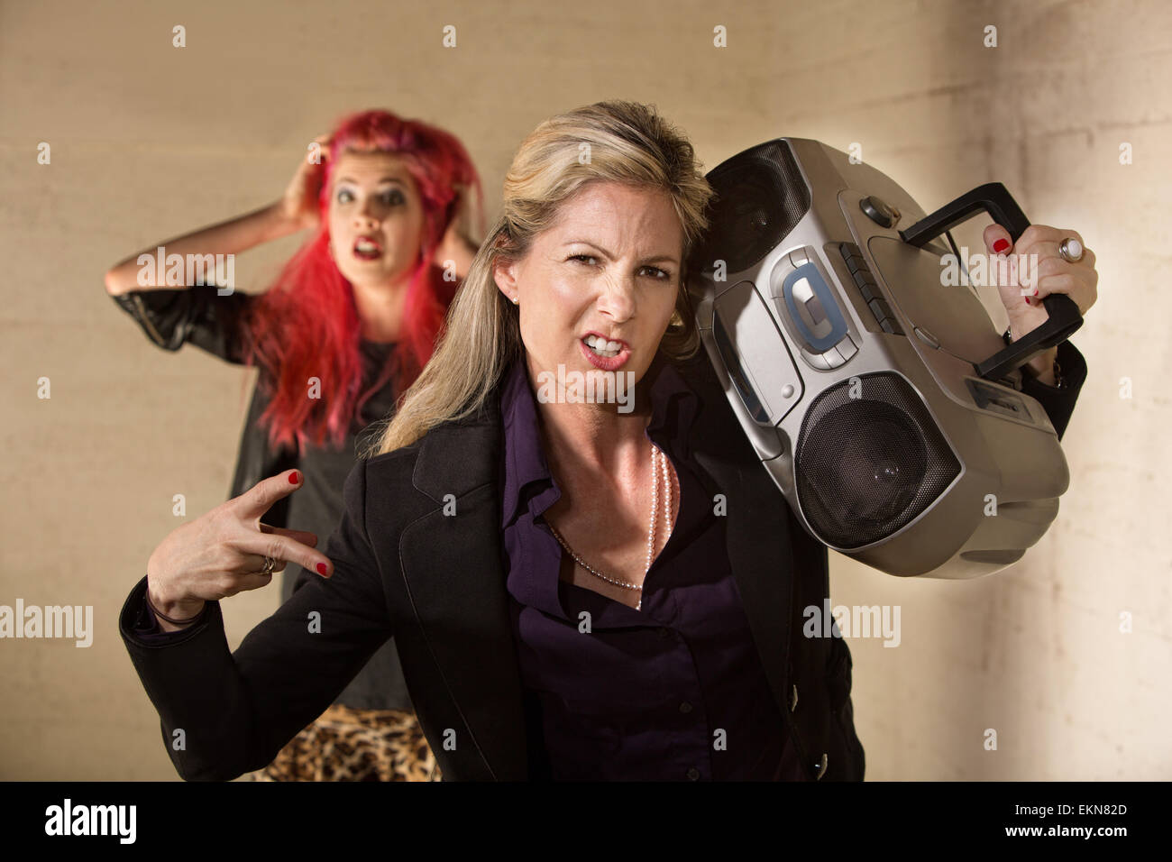 Awkward Woman with Boom Box Stock Photo - Alamy