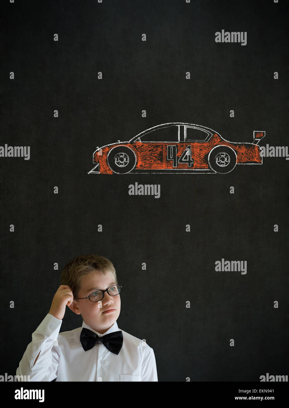 Scratching head thinking boy business man with Nascar racing fan car ...