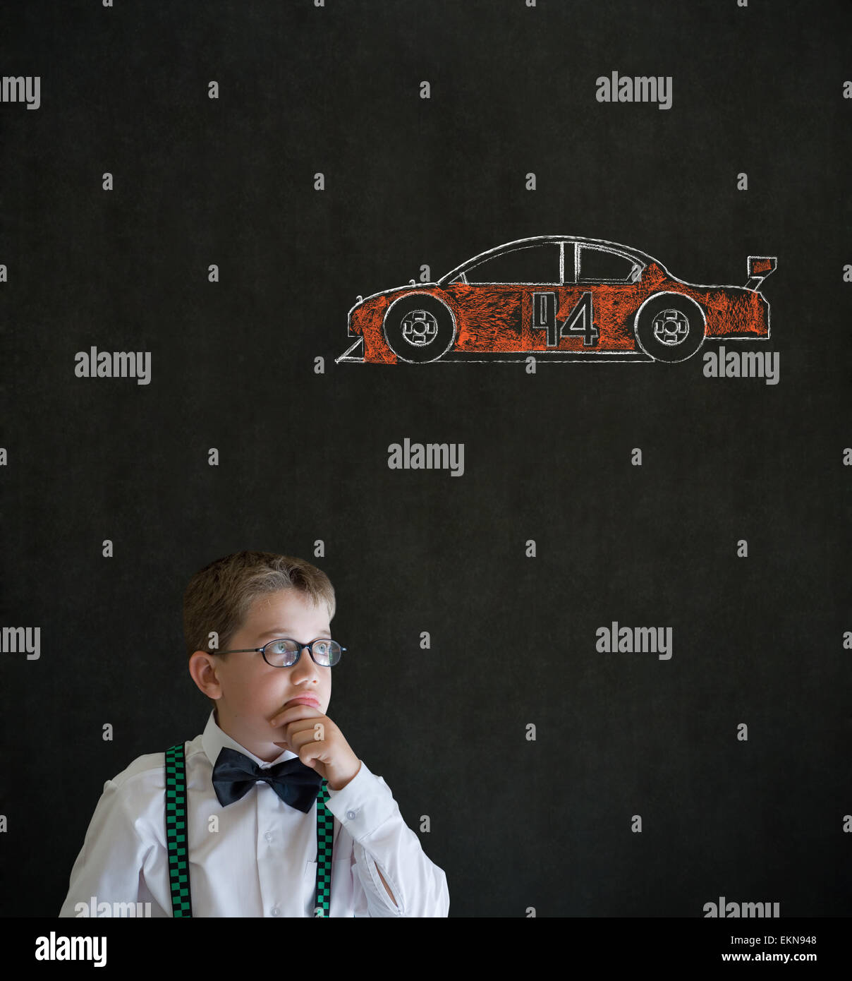 Thinking boy business man with Nascar racing fan car Stock Photo - Alamy