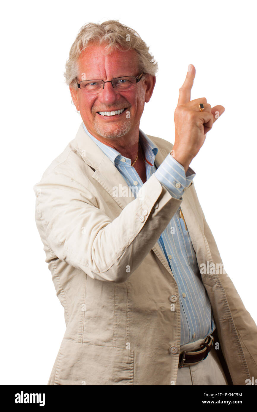 Happy buisness man pointing up Stock Photo - Alamy