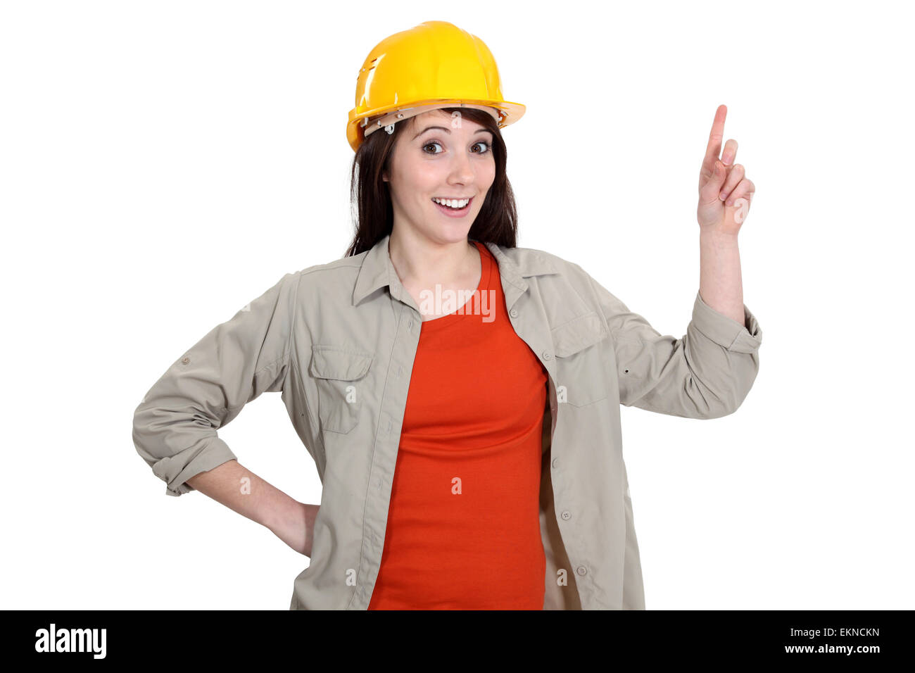 Female construction worker holding up her finger Stock Photo - Alamy