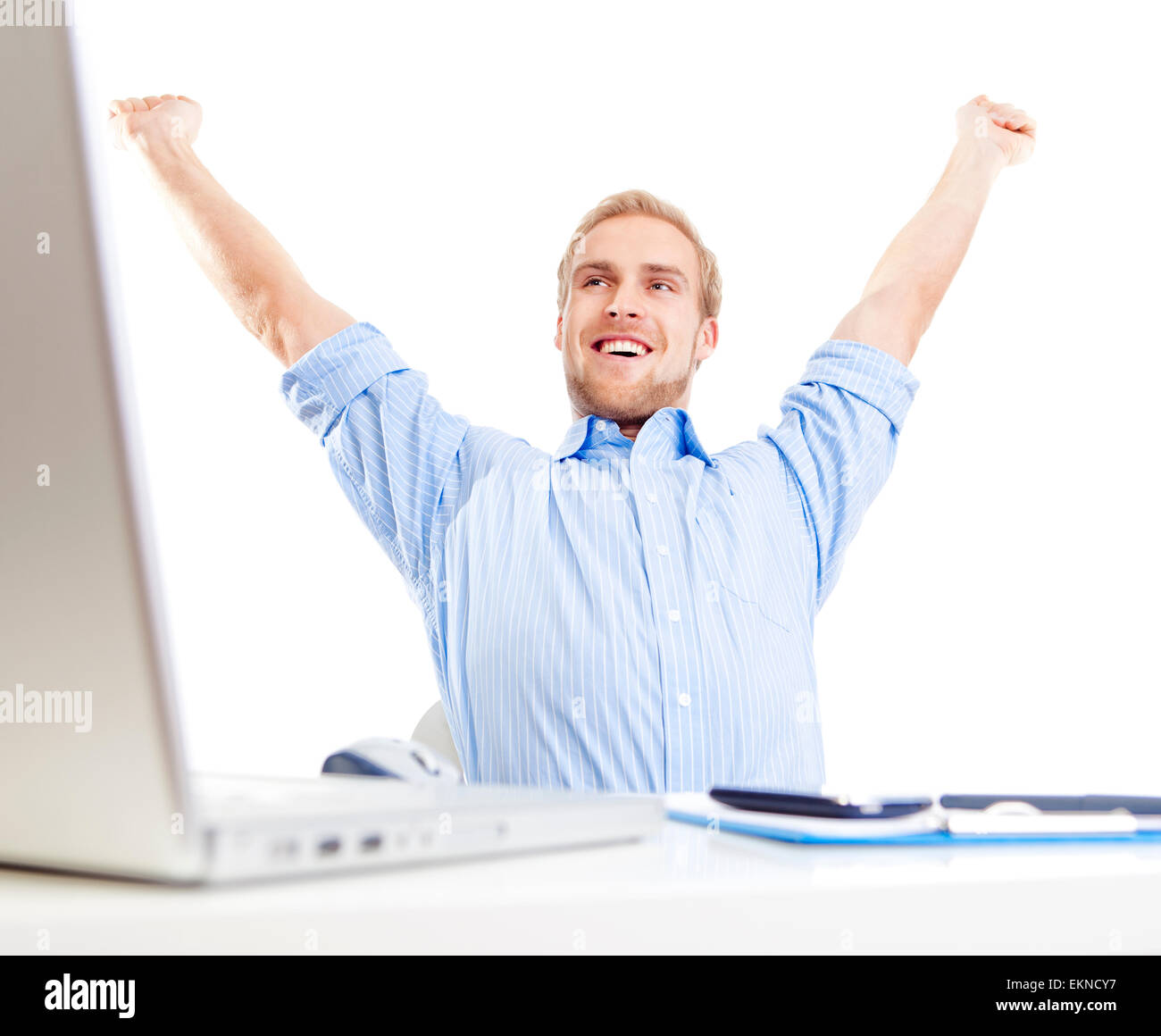 Triumphing young man sitting hi-res stock photography and images - Alamy
