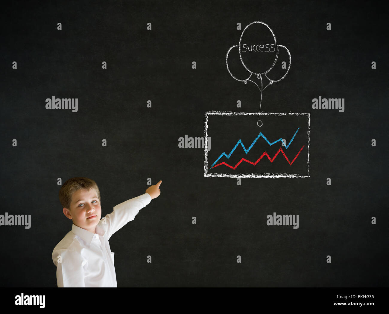 Pointing boy business man with chalk success graph and balloon Stock ...
