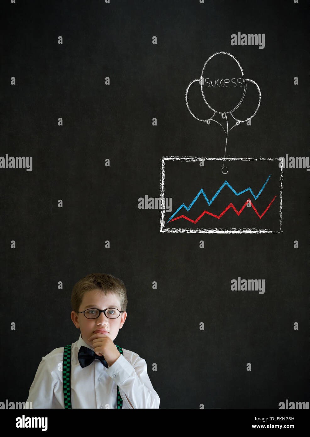 Thinking boy business man with chalk success graph and balloon Stock ...