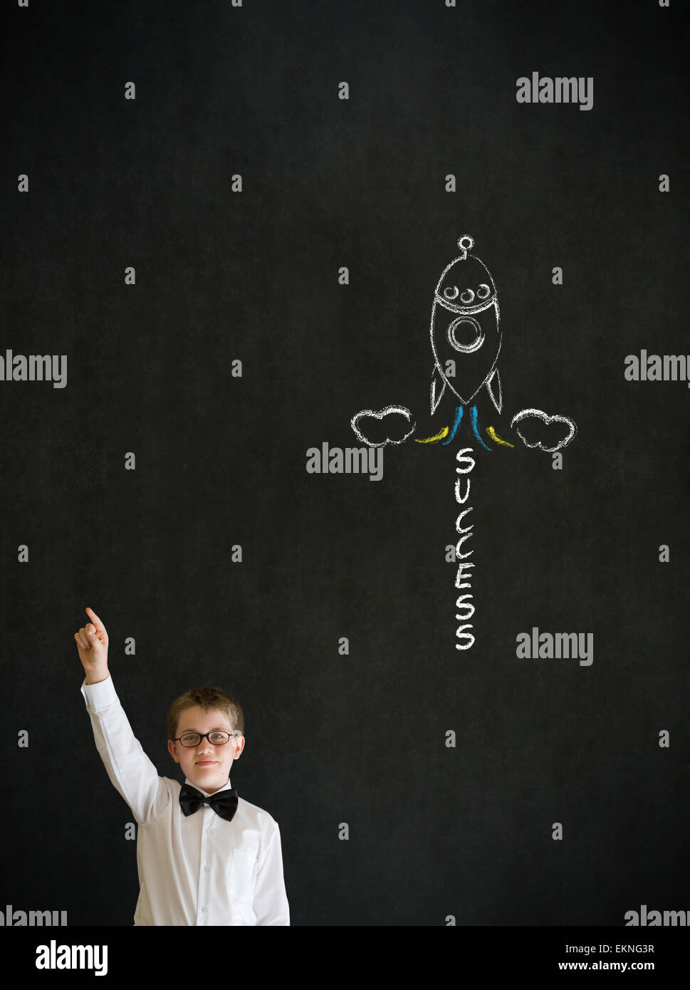 Hand up answer boy business man with chalk success rocket Stock Photo ...
