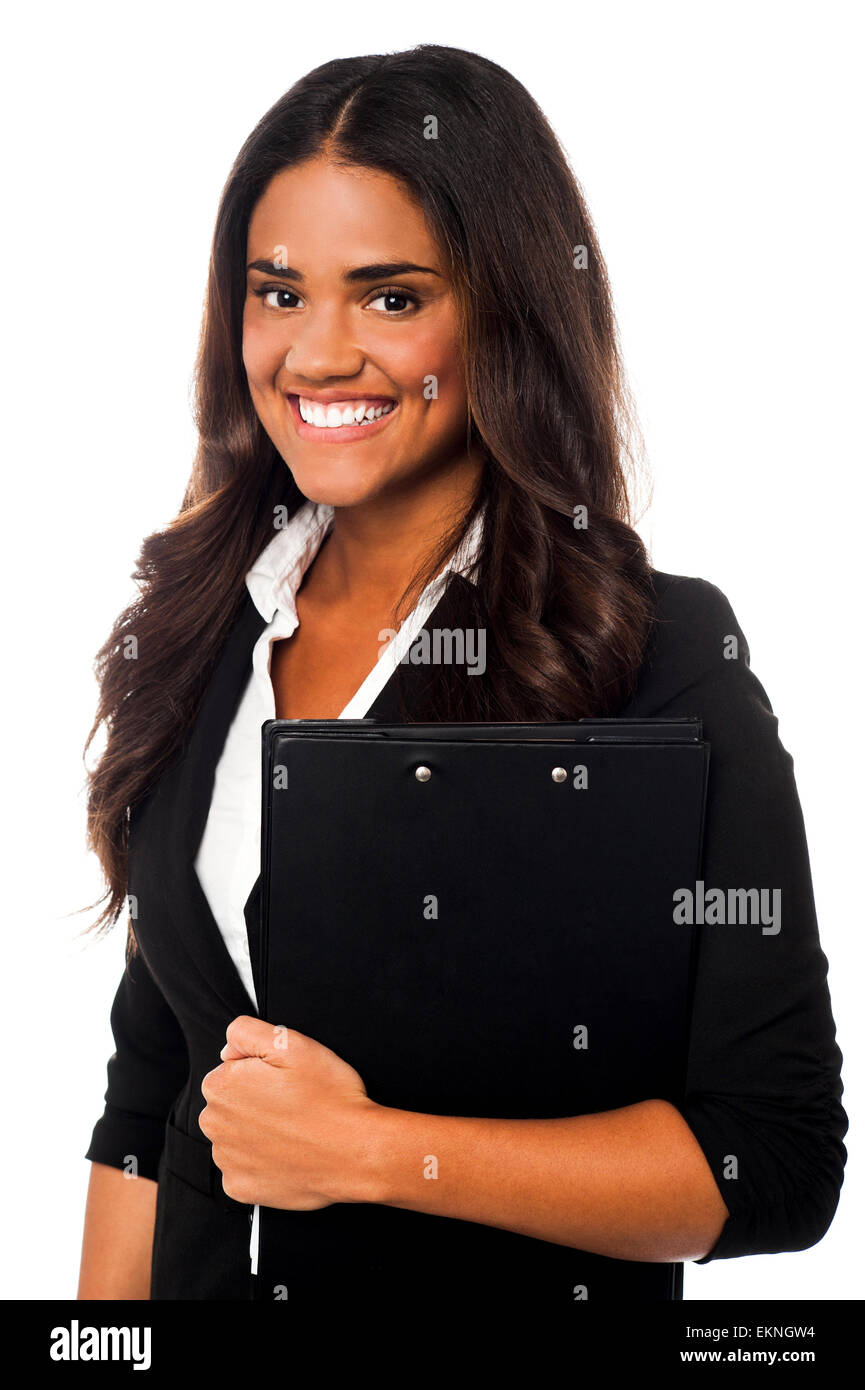 Pretty female secretary holding business files Stock Photo - Alamy
