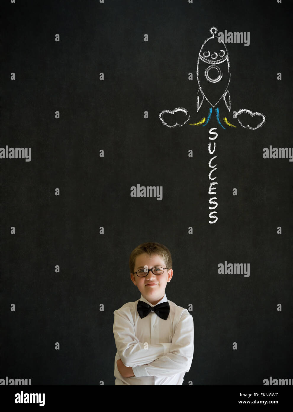 Thinking boy business man with chalk success rocket Stock Photo - Alamy