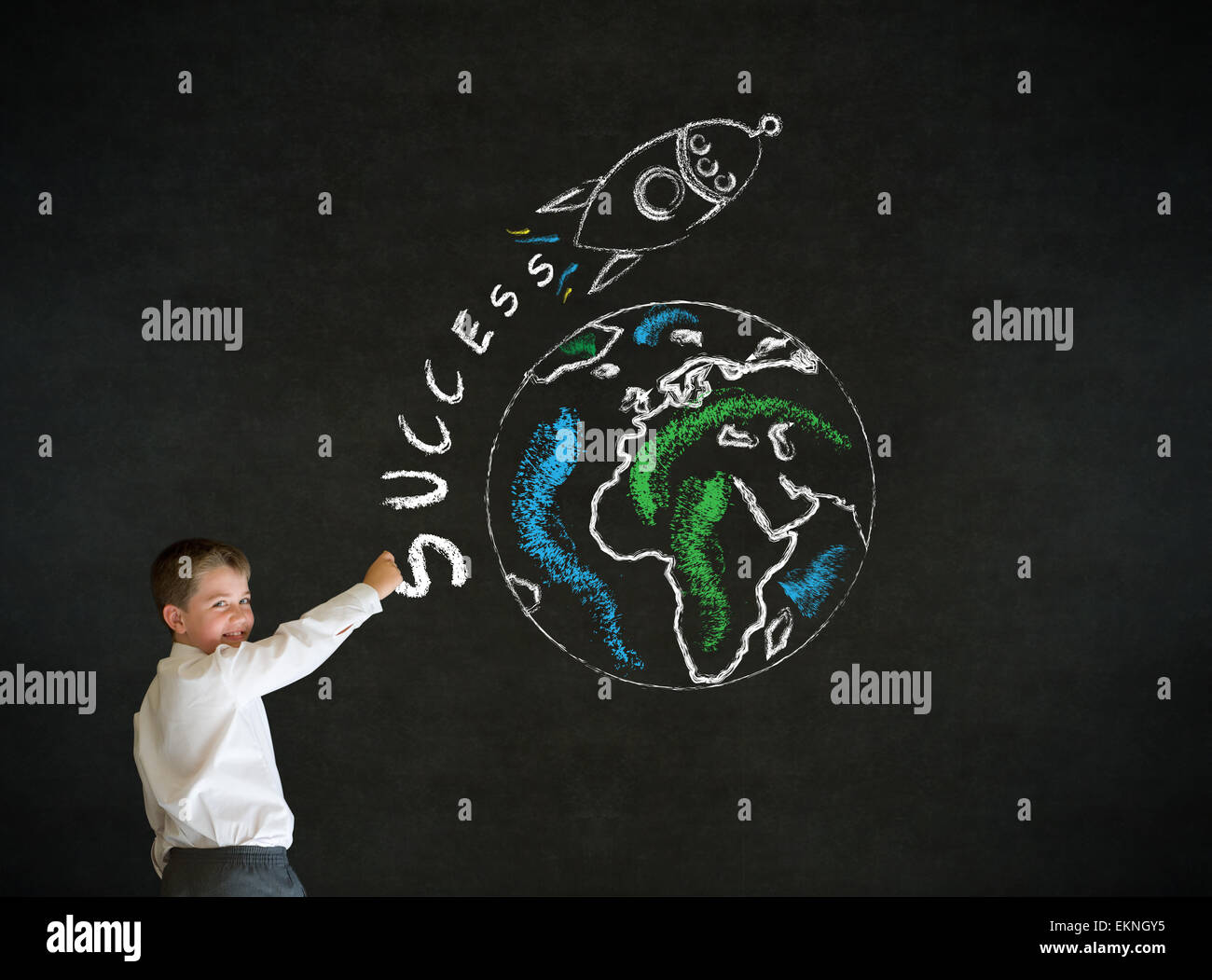 Writing boy business man with chalk globe and jet world travel Stock ...