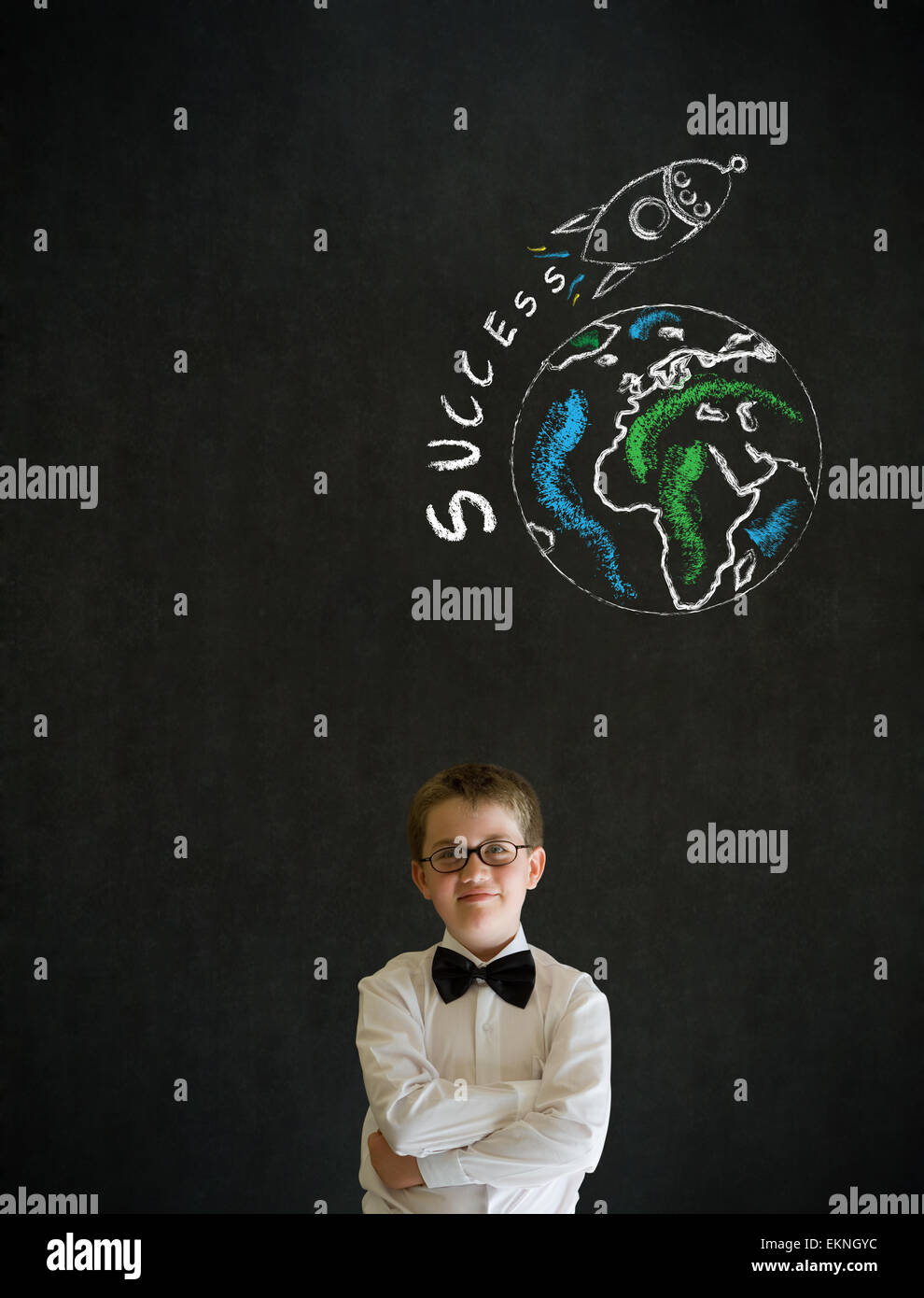 Thinking boy business man with chalk globe and jet world travel Stock ...
