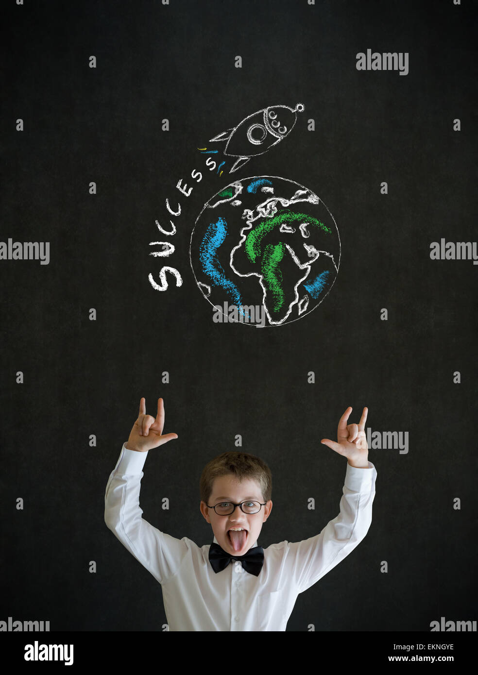 Knowledge rocks boy business man with chalk globe and jet world travel ...