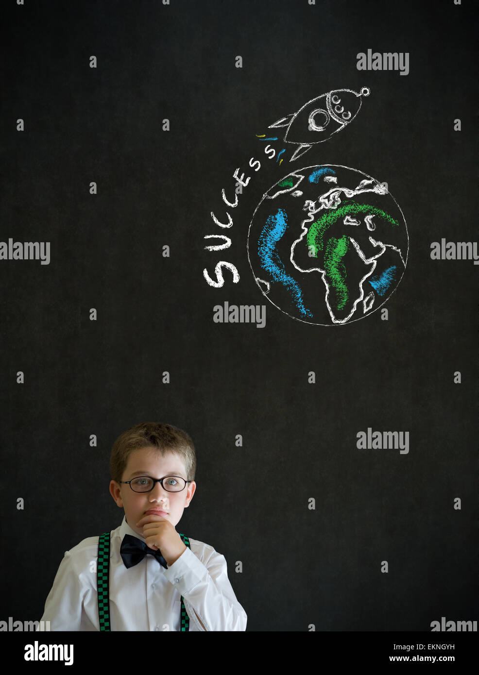 Thinking boy business man with chalk globe and jet world travel Stock ...