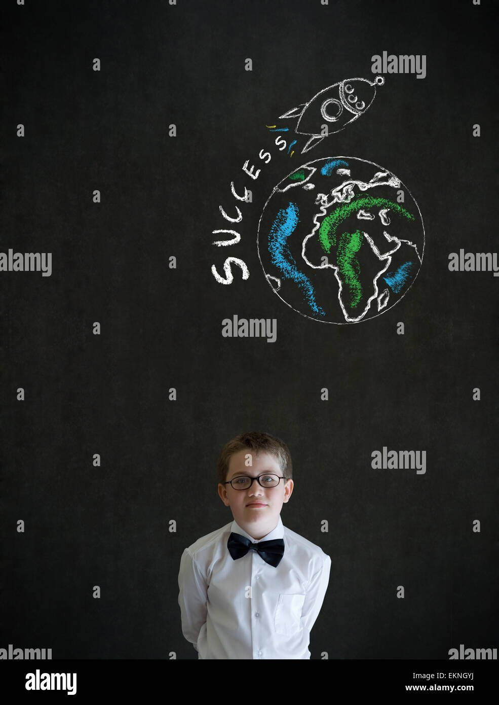 Thinking boy business man with chalk globe and jet world travel Stock ...
