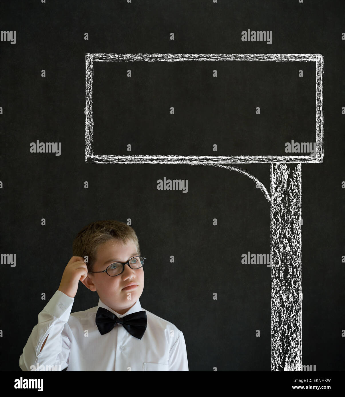 Scratching head thinking boy business man with chalk road advertising ...