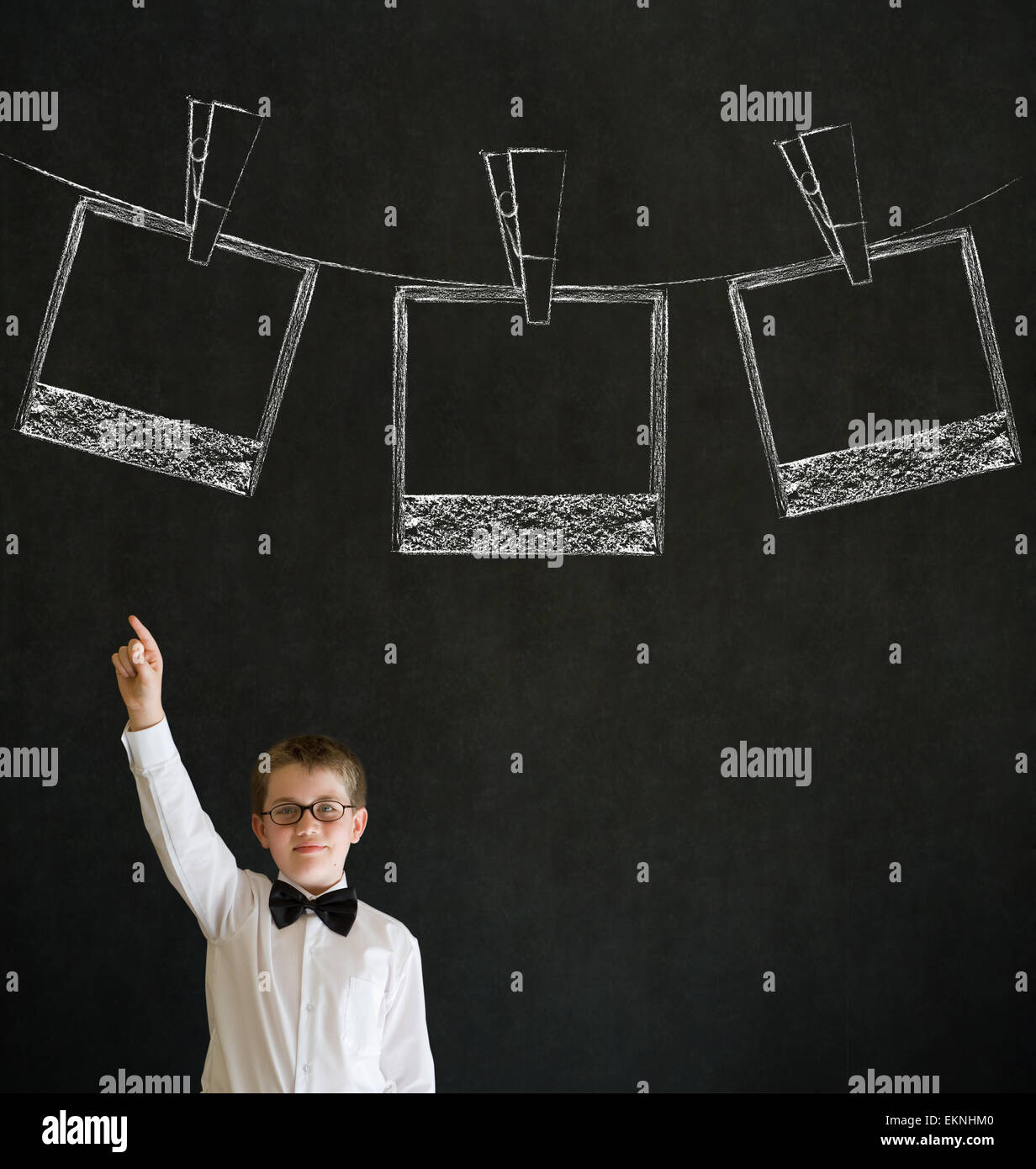 Hand up answer boy business man with hanging instant photo photograph ...