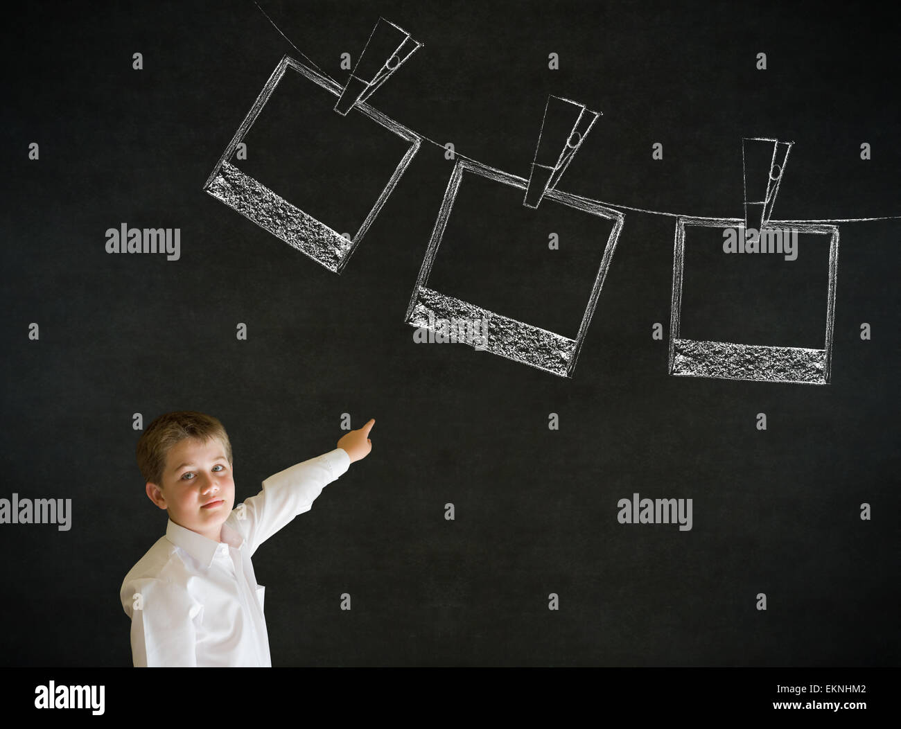 Hand up answer boy business man with hanging instant photo photograph ...