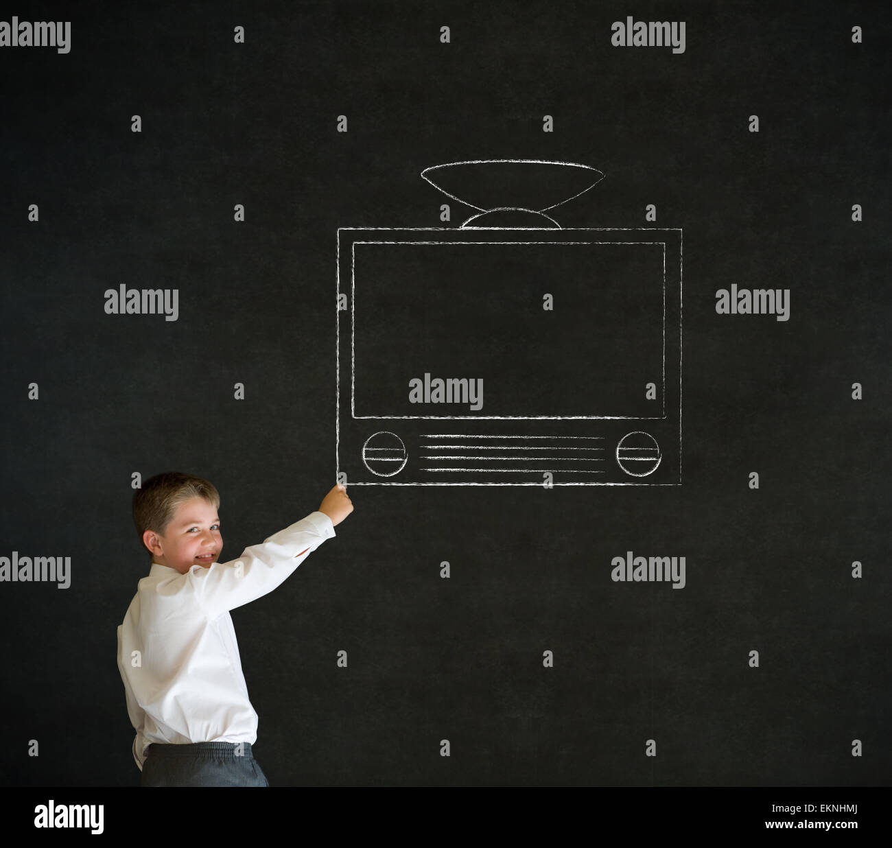Writing boy business man with chalk tv television Stock Photo - Alamy