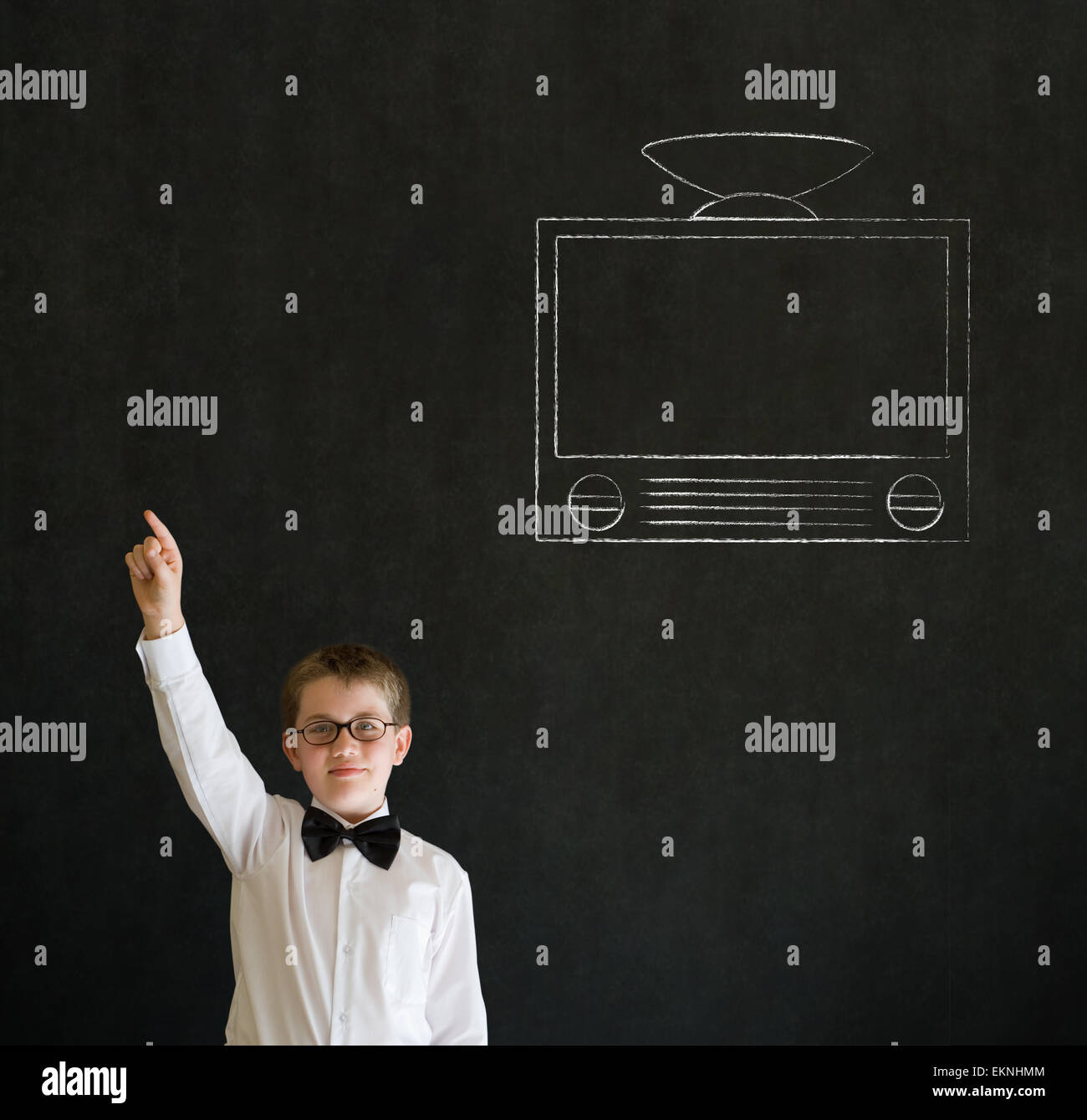 Hand up answer boy business man with chalk tv television Stock Photo ...