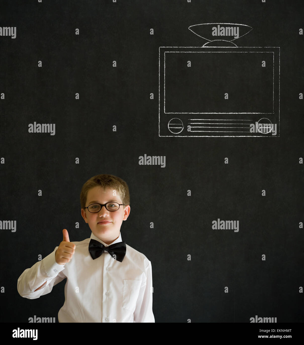 Thumbs up boy business man with chalk tv television Stock Photo - Alamy