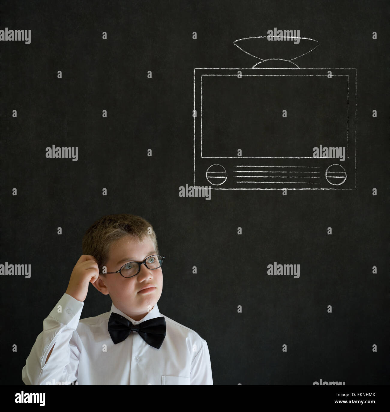 Scratching head thinking boy business man with chalk tv television ...