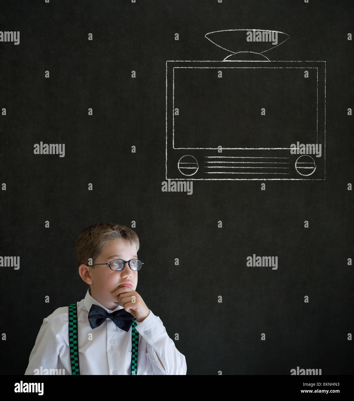 Thinking boy business man with chalk tv television Stock Photo - Alamy