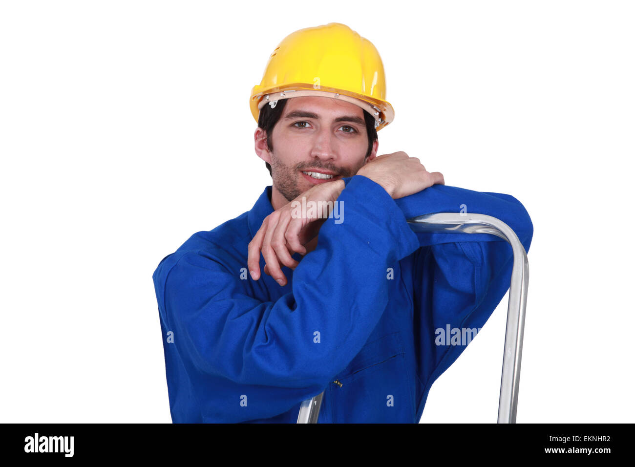 A construction worker resting on a ladder Stock Photo - Alamy
