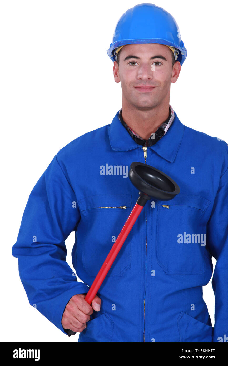 Plumber holding a plunger Stock Photo - Alamy