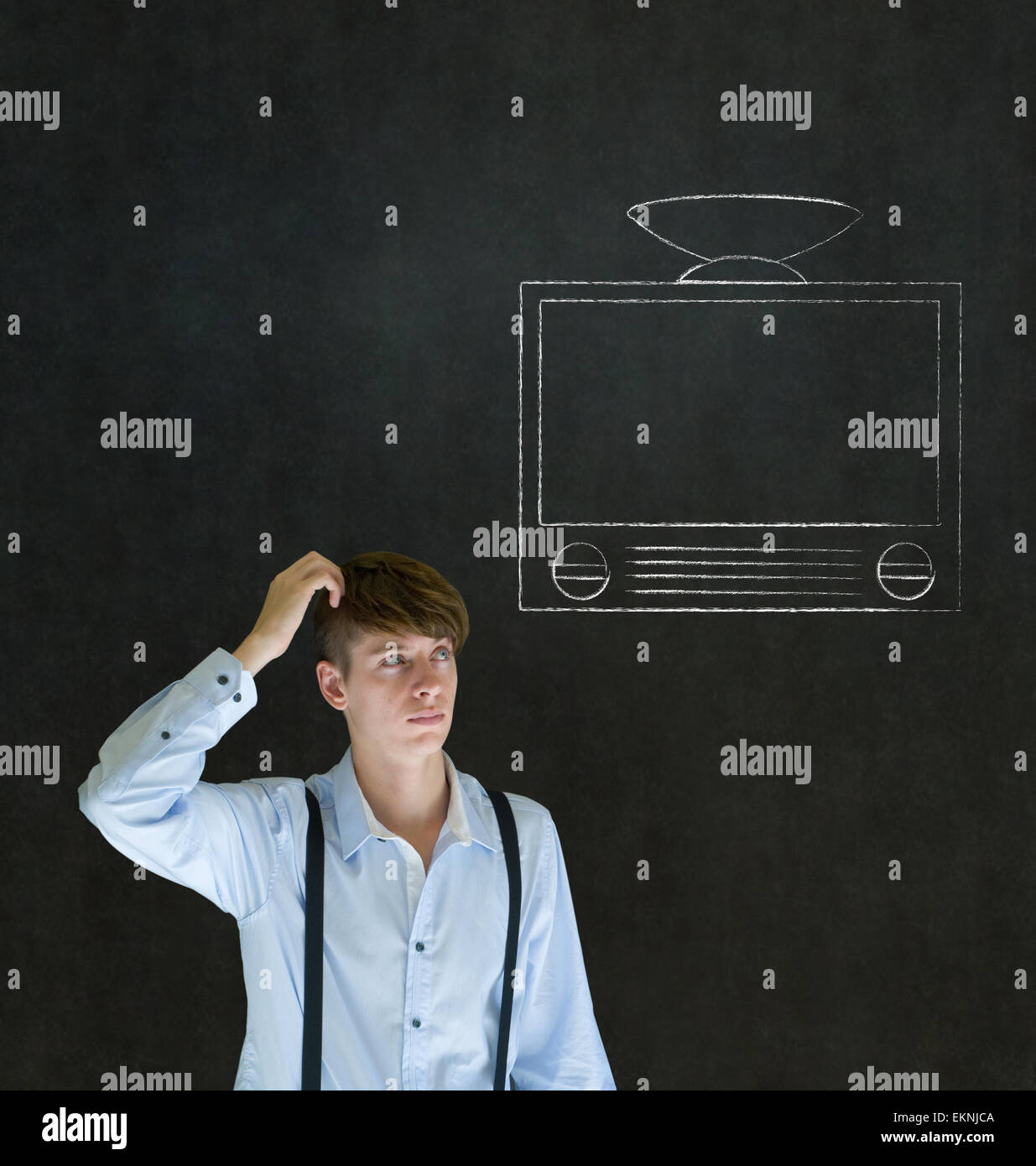 Businessman, teacher or student chalk tv blackboard background Stock ...