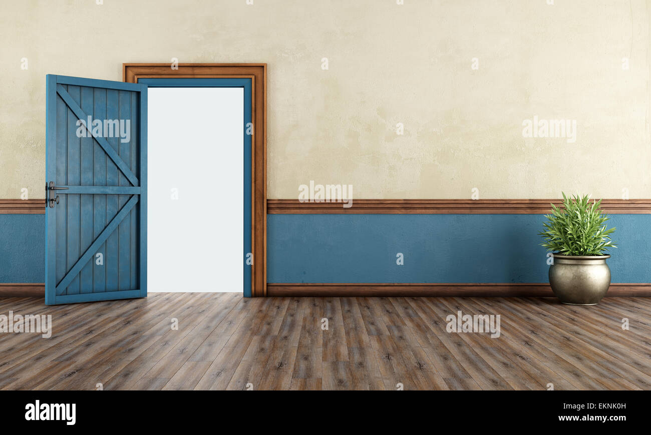 Vintage home entrance with blue open door - 3D Rendering Stock Photo ...