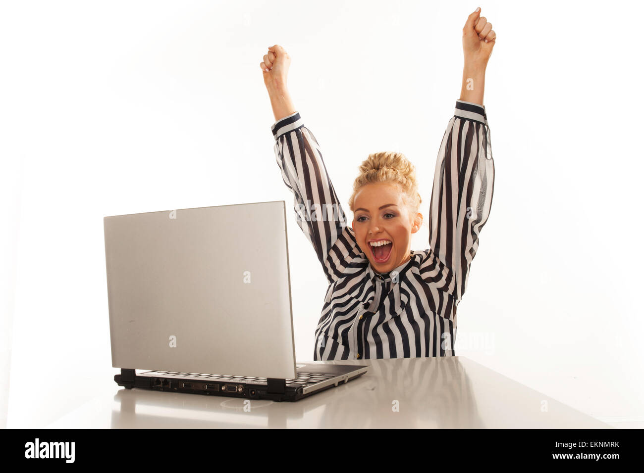 happy girl in front of laptop Stock Photo - Alamy