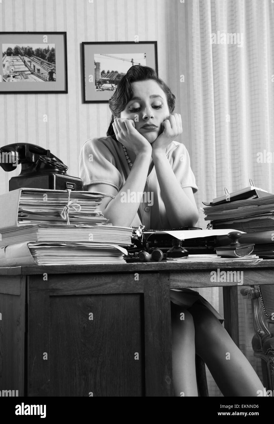 Woman overwhelmed office desk Black and White Stock Photos & Images - Alamy