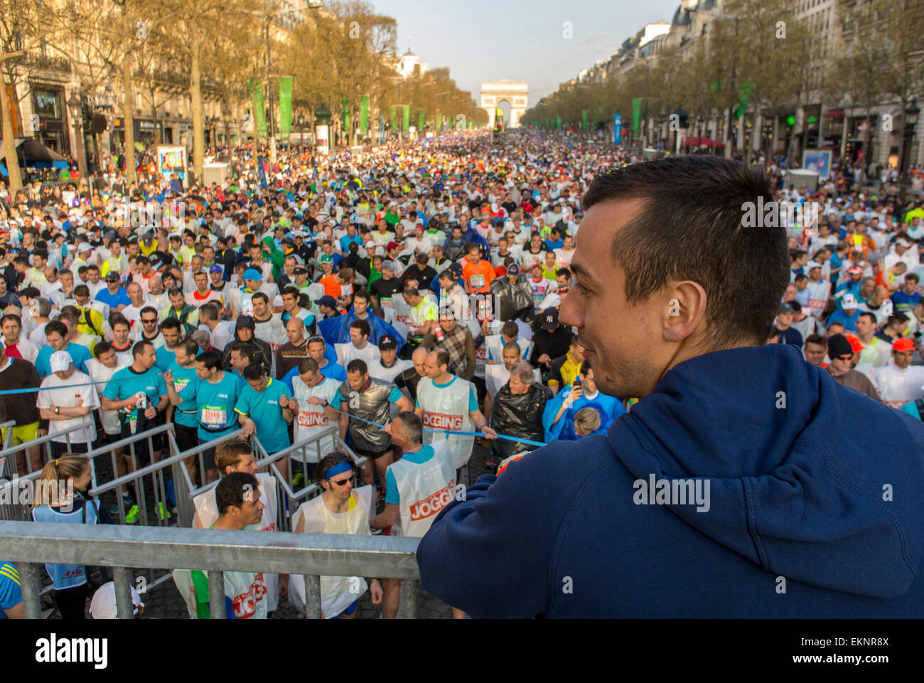 Paris, France. Young Man Watching Paris Marathon, High Angle, Crowd ...