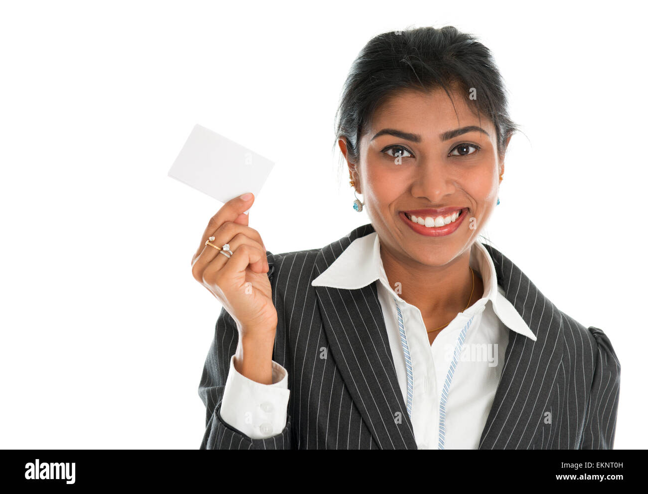 Indian businesswoman shows a blank name card Stock Photo - Alamy