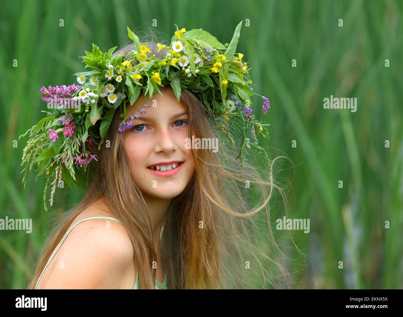 Girl nature wreath Stock Photo - Alamy