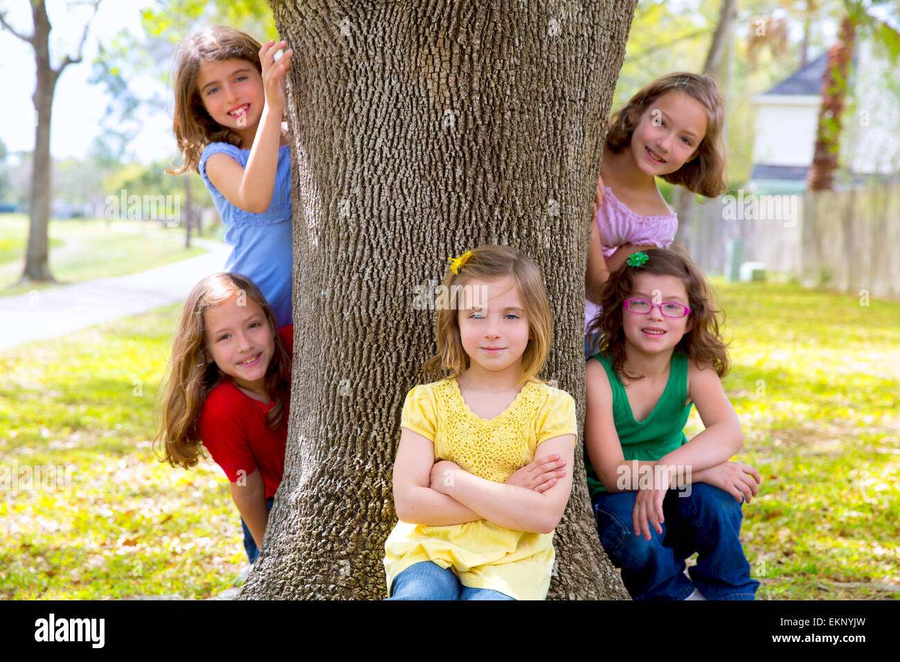 Children group of sisters girls and friends on tree trunk Stock Photo ...