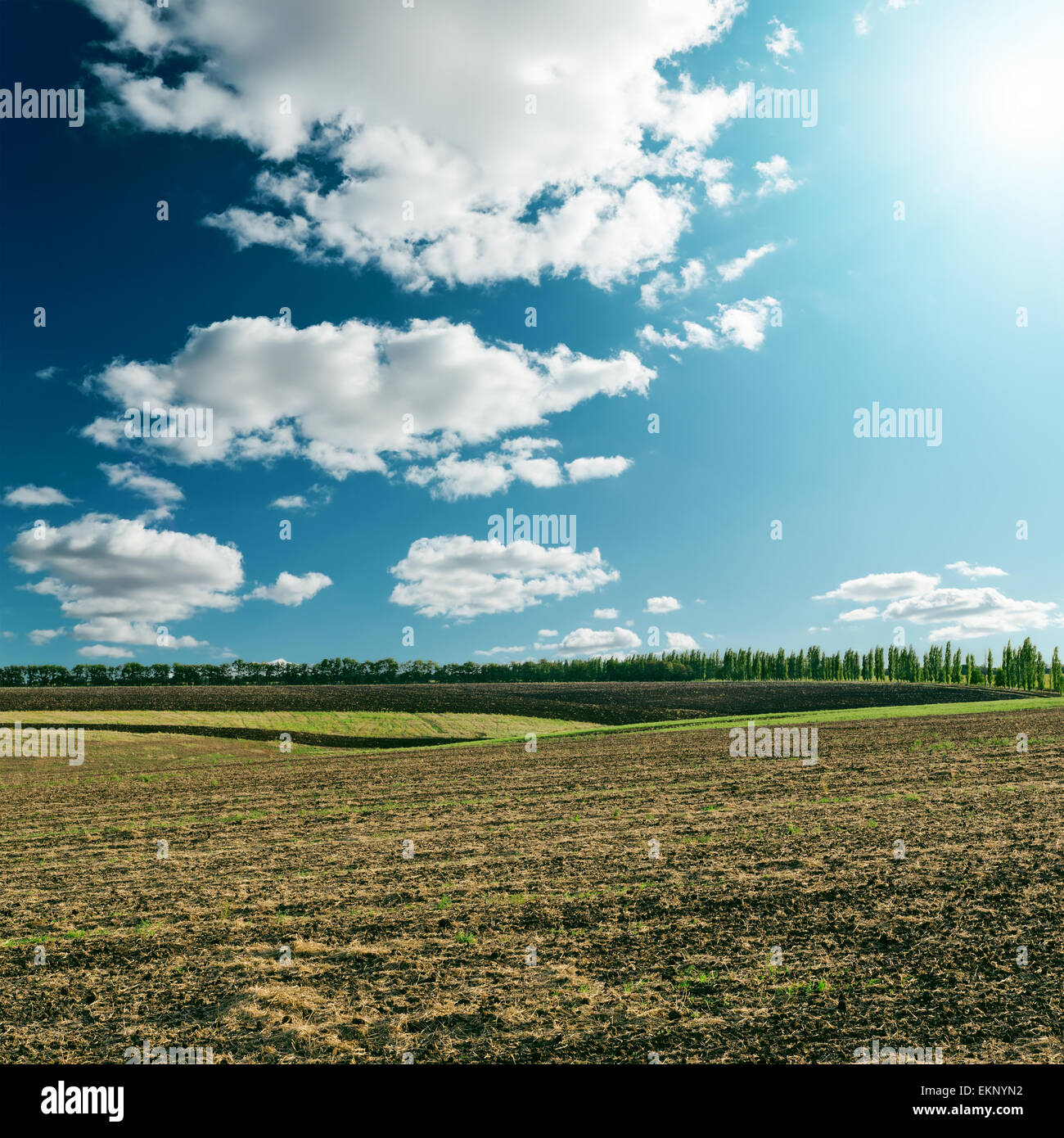 cloudy sky with sun over field Stock Photo - Alamy