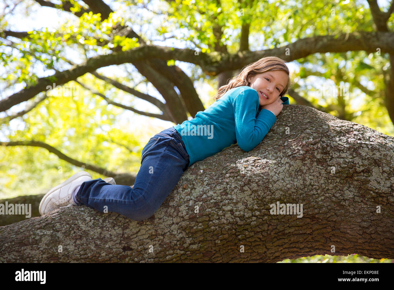 Children kid girl resting lying on a tree branch Stock Photo - Alamy
