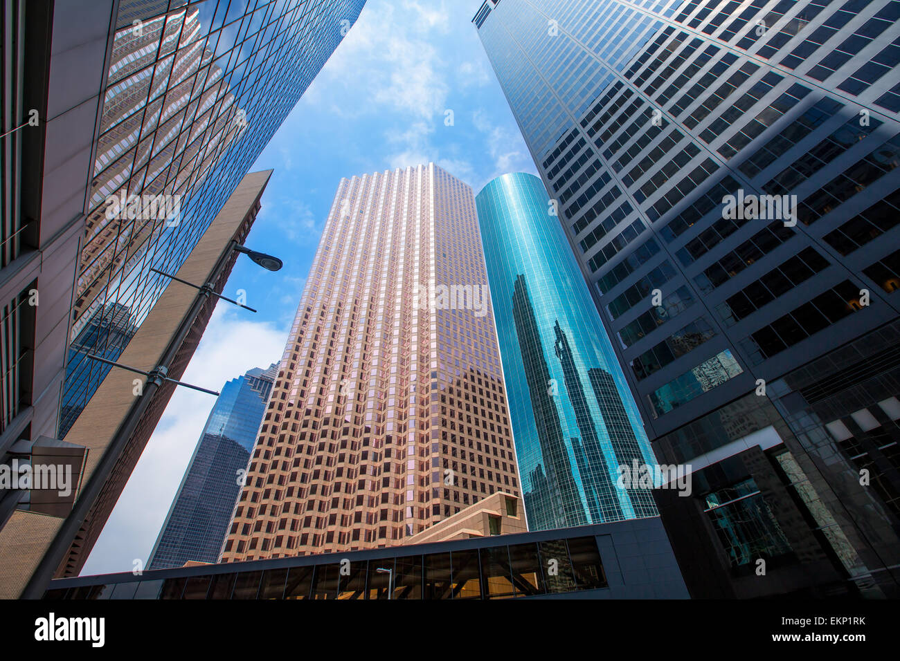 Houston downtown skyscrapers disctict blue sky mirror Stock Photo - Alamy