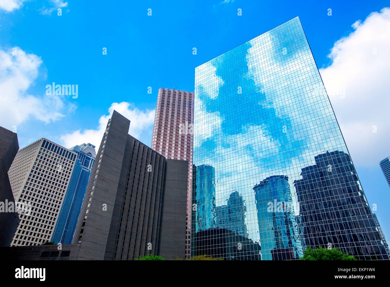 Houston downtown skyscrapers disctict blue sky mirror Stock Photo - Alamy