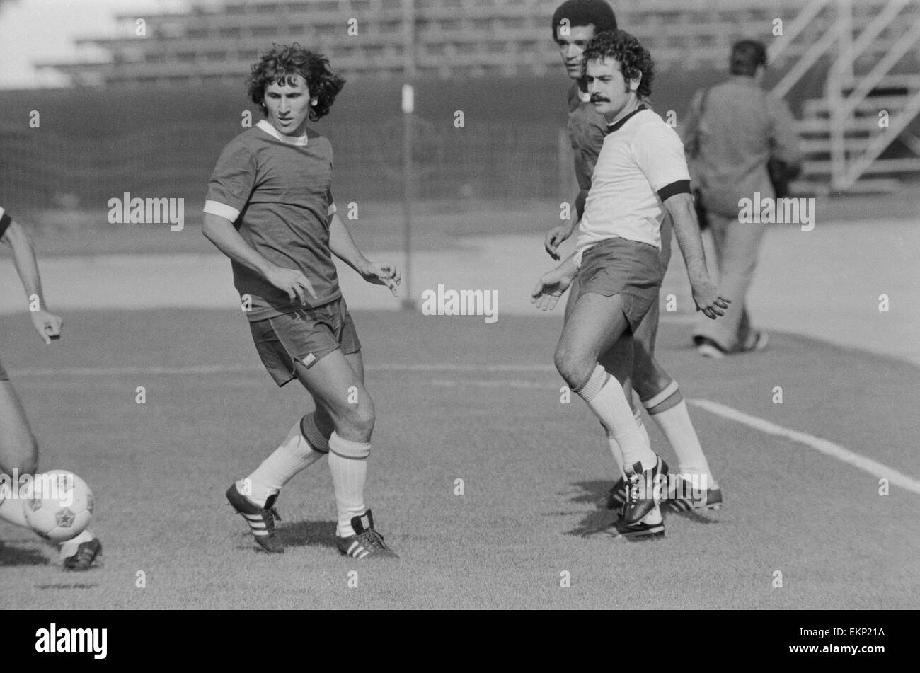 Brazilian football star Zico in a training session with teammate ...