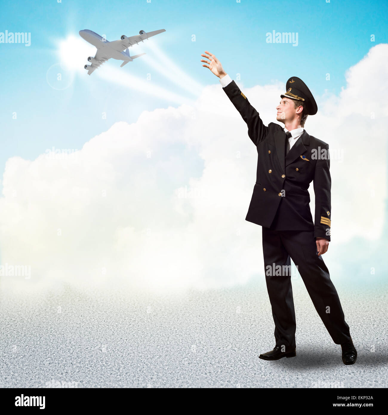 pilot in the form of extending a hand to airplane Stock Photo - Alamy