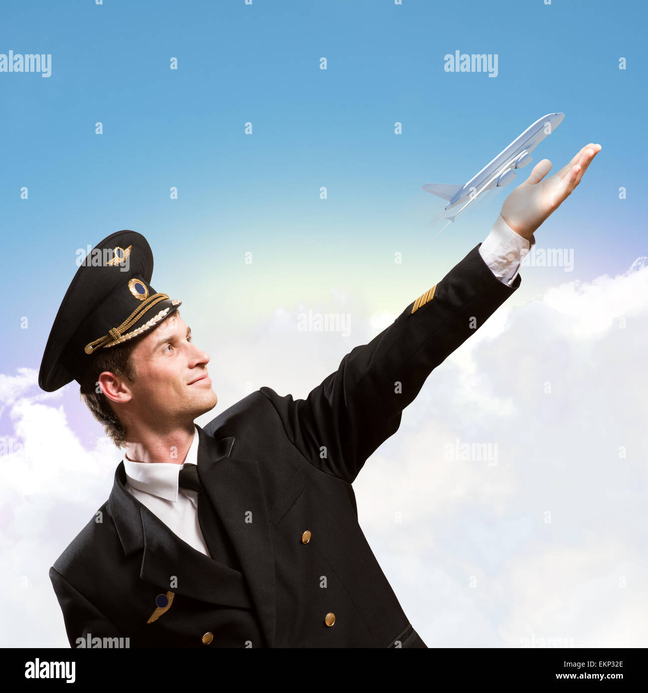 pilot in the form of extending a hand to airplane Stock Photo - Alamy