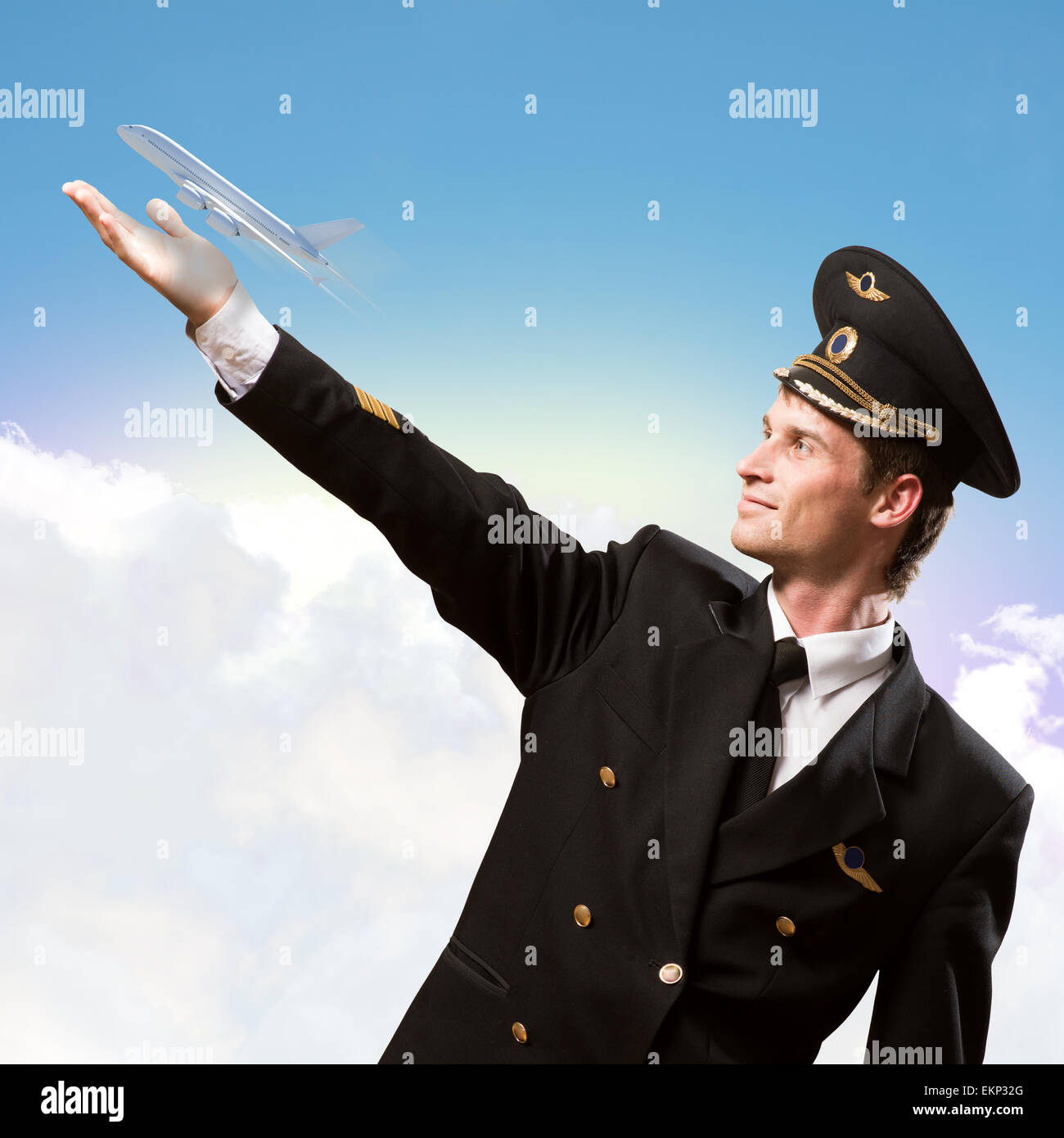 pilot in the form of extending a hand to airplane Stock Photo - Alamy