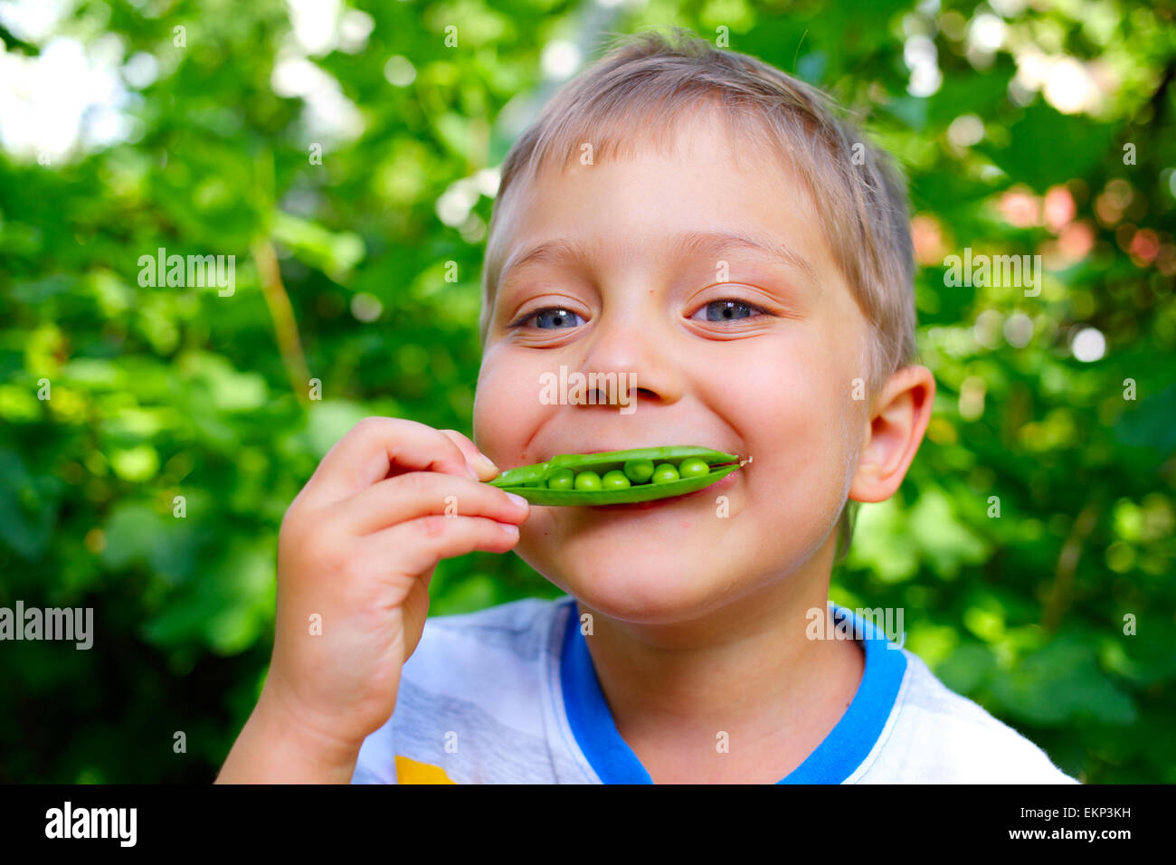 Boy eating a green Peas Stock Photo - Alamy