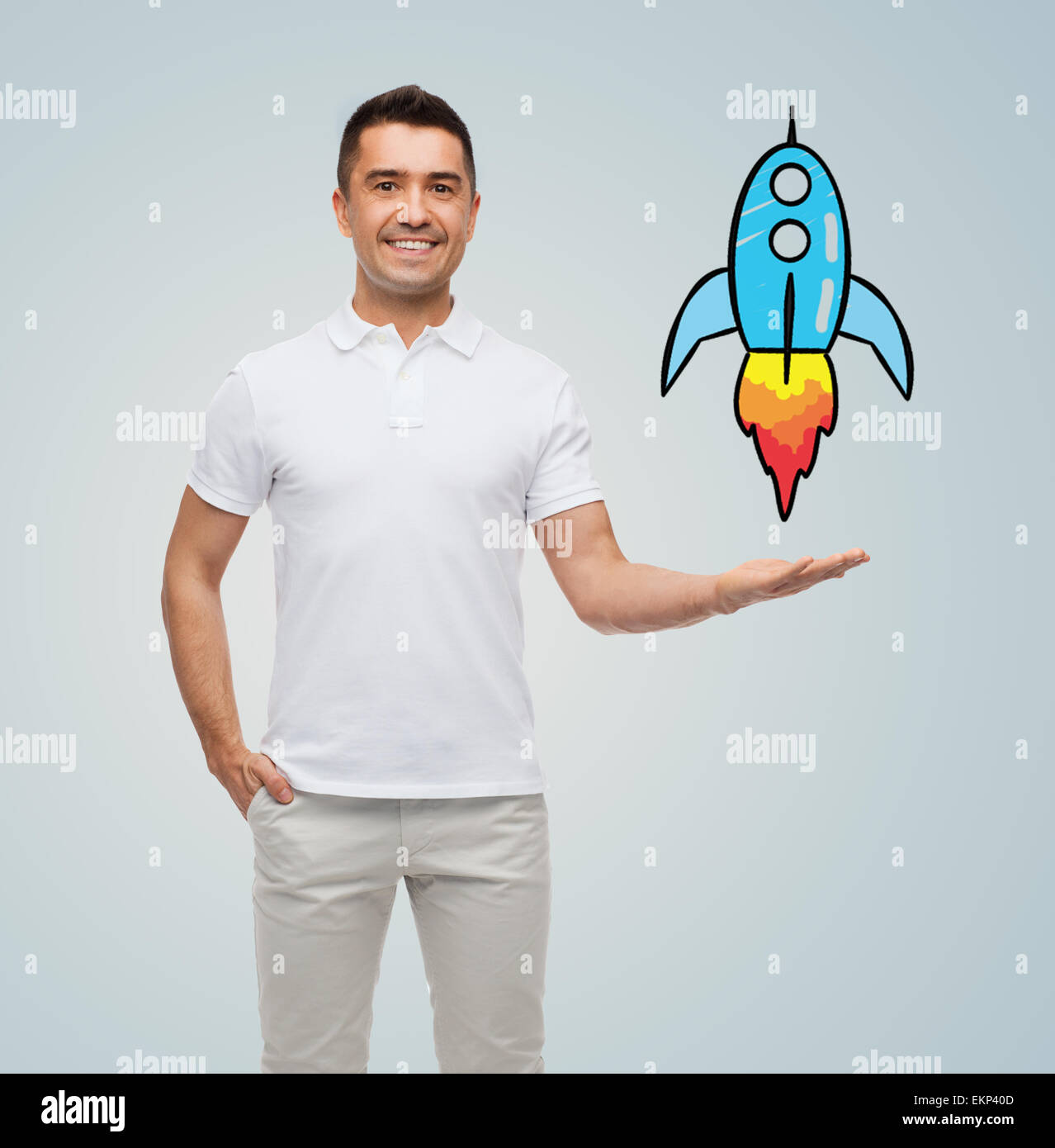 smiling man showing something on empty palm Stock Photo - Alamy