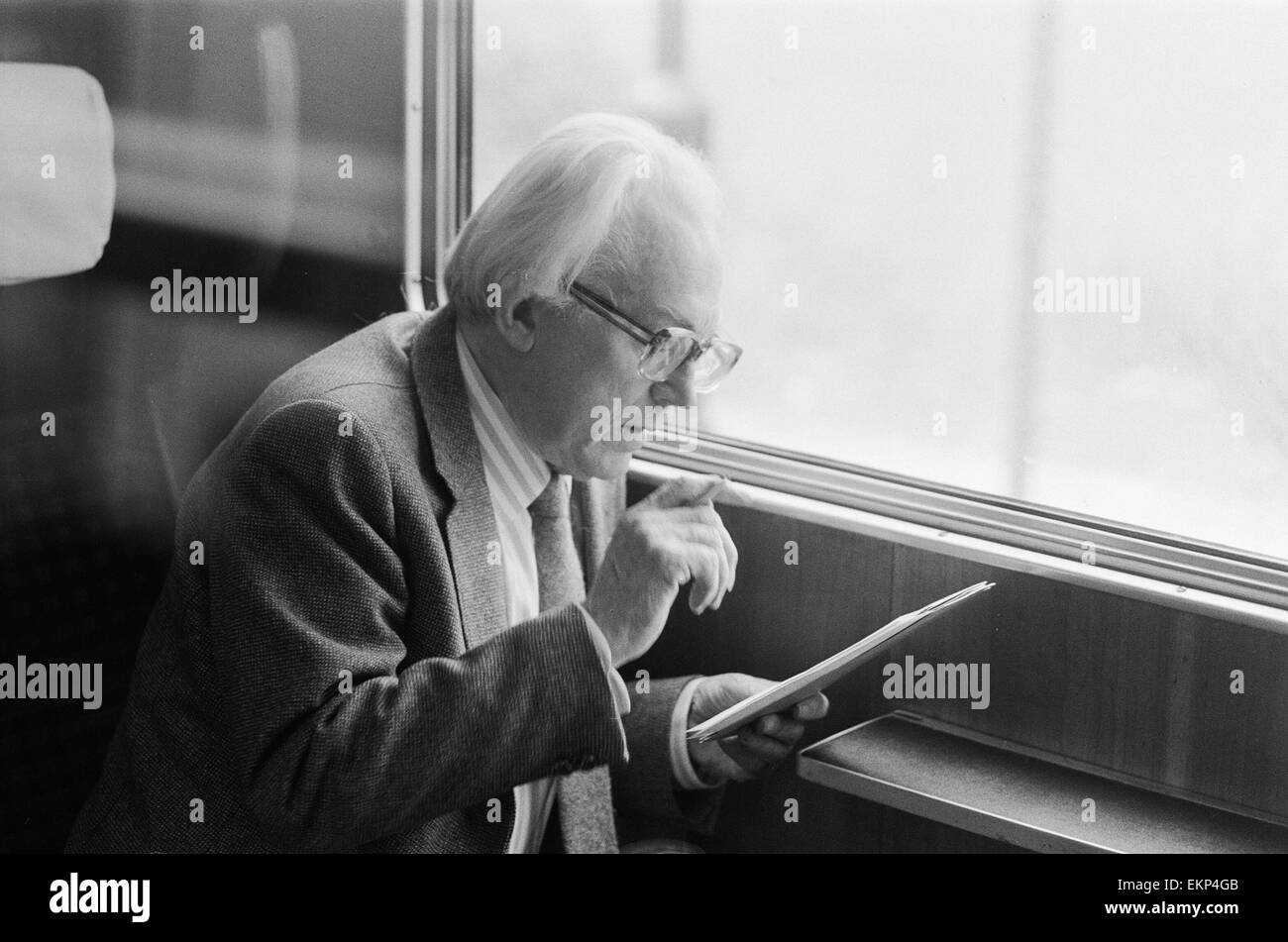 Labour leader Michael Foot arriving at the election tour in Lancashire ...